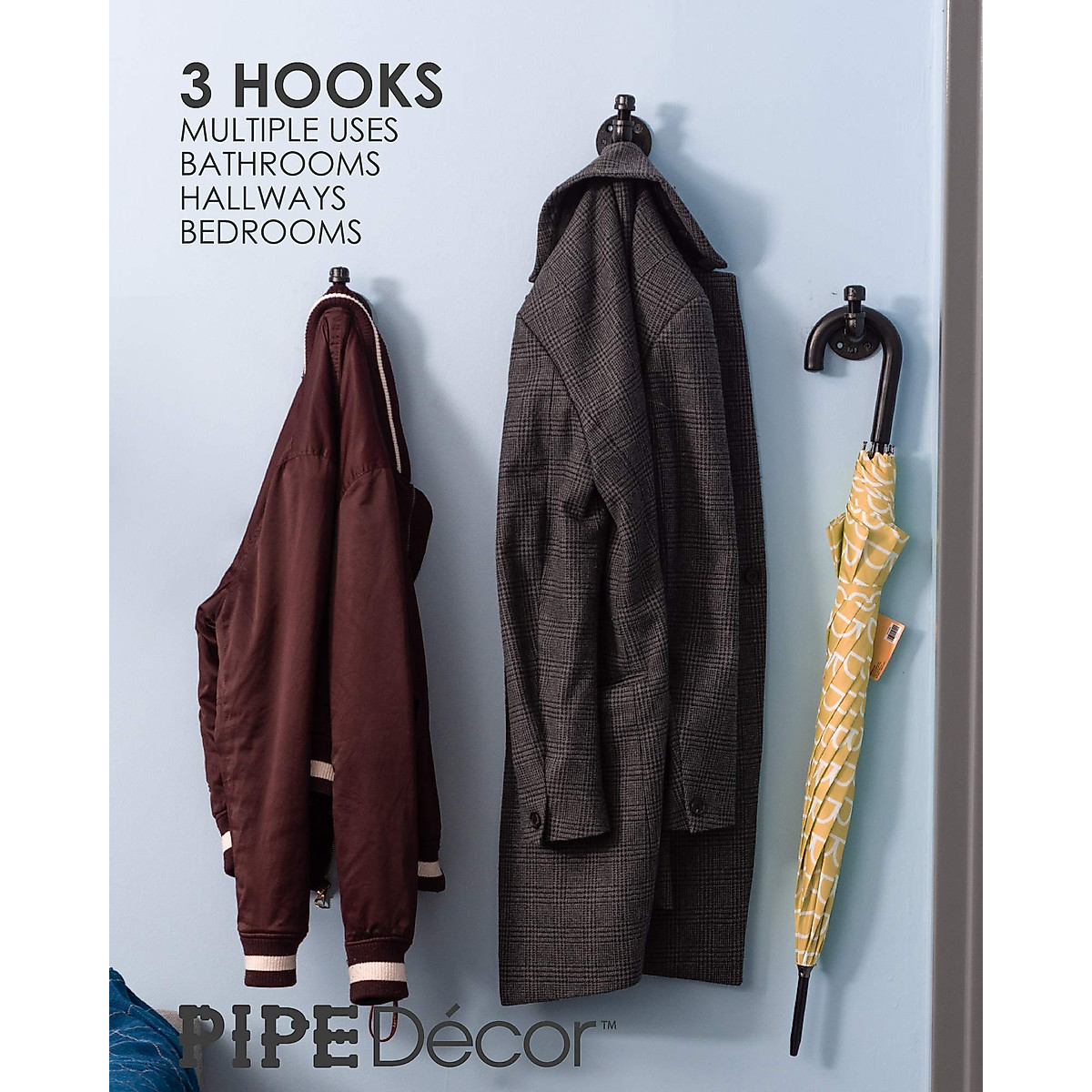 Towel and Robe Hook Set by Pipe Decor, Heavy Duty DIY Style, Rustic and Chic Industrial Iron Pipe Electroplated Black Finish, 3 Hooks Perfect for Bathroom Towels, Robes, or Coats, Oil and Rust Free