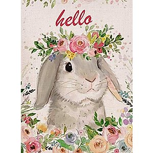 Furiaz Home Decorative Hello Easter Bunny Small Garden Flag, Spring Rabbit Yard Outdoor Decoration Rose Flowers Sign, Holiday Floral Burlap Seasonal Outside Decor Double Sided 12 x 18