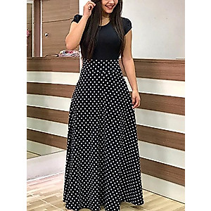 Aublary Womens Short Sleeve Floral Print Maxi Dress Round Neck Casual Tunic Long Maxi Dress, Polka Dots M