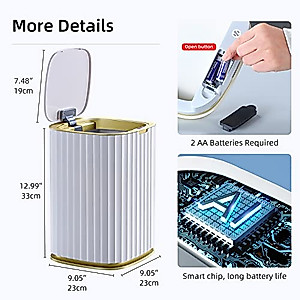 MOPALL 3.5 Gallon Automatic Trash Can,Waterproof Slim Touchless Bathroom Garbage Can with a Lid(White with Gold Trim)