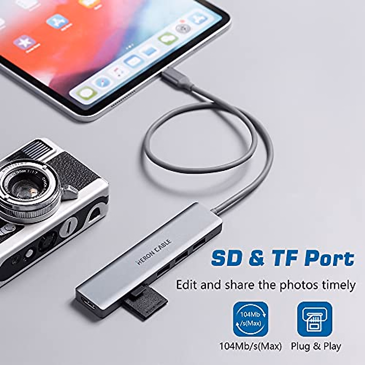 USB C Hub Multiport Adapter, USB C Dongle 6 in 1 USB-C Hub to 4K HDMI, USB 3.0, SD/TF Card Reader with Extra Long 1.6 FT Cable for MacBook Pro/Air, iPad Pro, iPad Air 2020，iMac and Other USB C Laptop