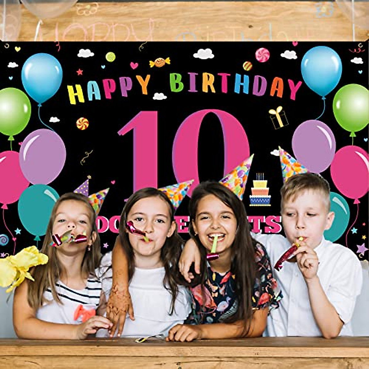 HTDZZI 10th Birthday Decorations for Girl, Happy 10th Birthday Backdrop Banner, Double Digits 10 Year Old Birthday Party Yard Sign Photo Booth Props Poster Decor Supplies, Fabric, 6.1ft x 3.6ft