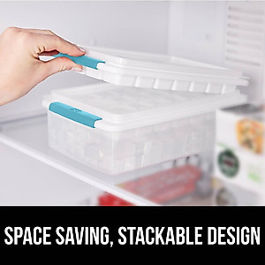 Gorilla Grip Stackable Ice Cube Tray and Bin Set, Includes 2 Trays with Lid and Scooper, Easy Release, Makes 56 Cubes for Cocktail Soda Coffee, Leak Proof Freezer Bucket Kit, Kitchen Gadget, Turquoise