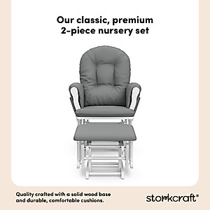 Storkcraft Premium Hoop Glider and Ottoman (White Base, Gray Cushion) – Padded Cushions with Storage Pocket, Smooth Rocking Motion, Easy to Assemble, Solid Hardwood Base