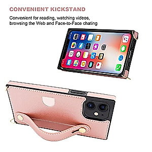 KIHUWEY Compatible with iPhone 12 iPhone 12 Pro Crossbody Wallet Case with Credit Card Holder, Protective Kickstand Cover Case 6.1 Ihch (Rose Gold)