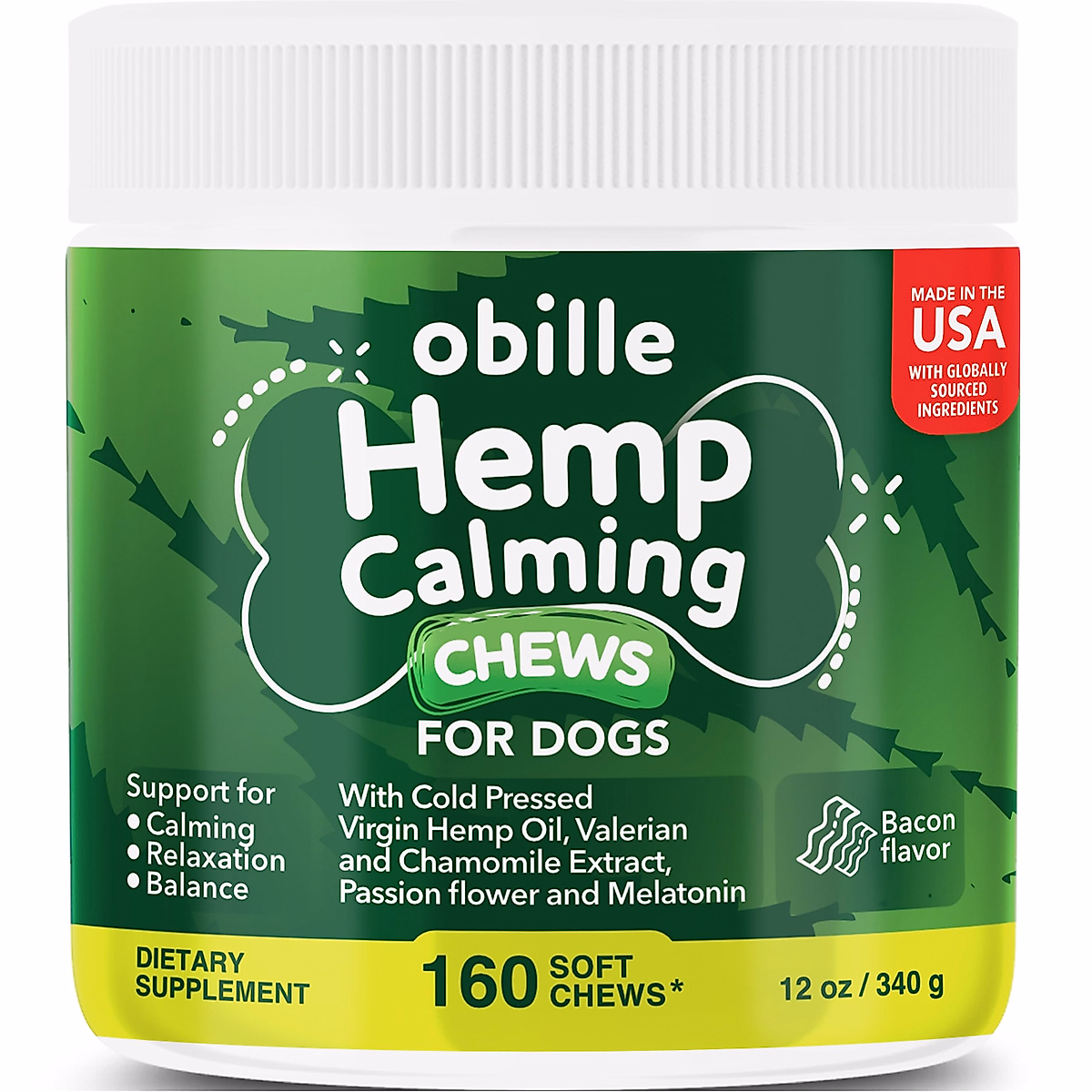Obille Hemp Calming for Dogs 160 Chews 12oz – Calming Chews for Dogs Anxiety Relief, Everyday Stress Relaxation – with Hemp Oil, Flax Seed Meal, Melatonin, Valerian and Chamomile Extract
