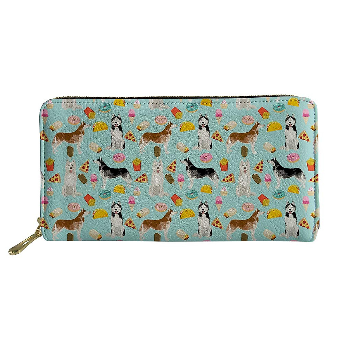 HUGS IDEA Ladies Clutch Long Wallet Siberian Huskies Junk Food Cute Dog Design Cute Purse
