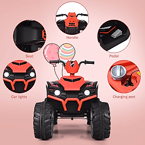 OLAKIDS 12V Kids Ride On ATV, 4 Wheeler Electric Vehicle for Toddlers, Battery Powered Motorized Quad Toy Car for Boys Girls with LED Lights, Music, Horn, High Low Speed, Soft Start (Red)