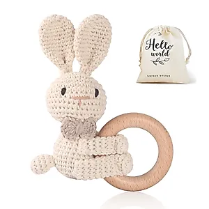 WOODEN TEETHER Crochet Baby Rattle, Crochet Baby Toys, Organic Wooden Newborn Toys, Newborn Animal Rattle Toys，Knitted Stuffed Animals Gifts for Baby, Orange Fox