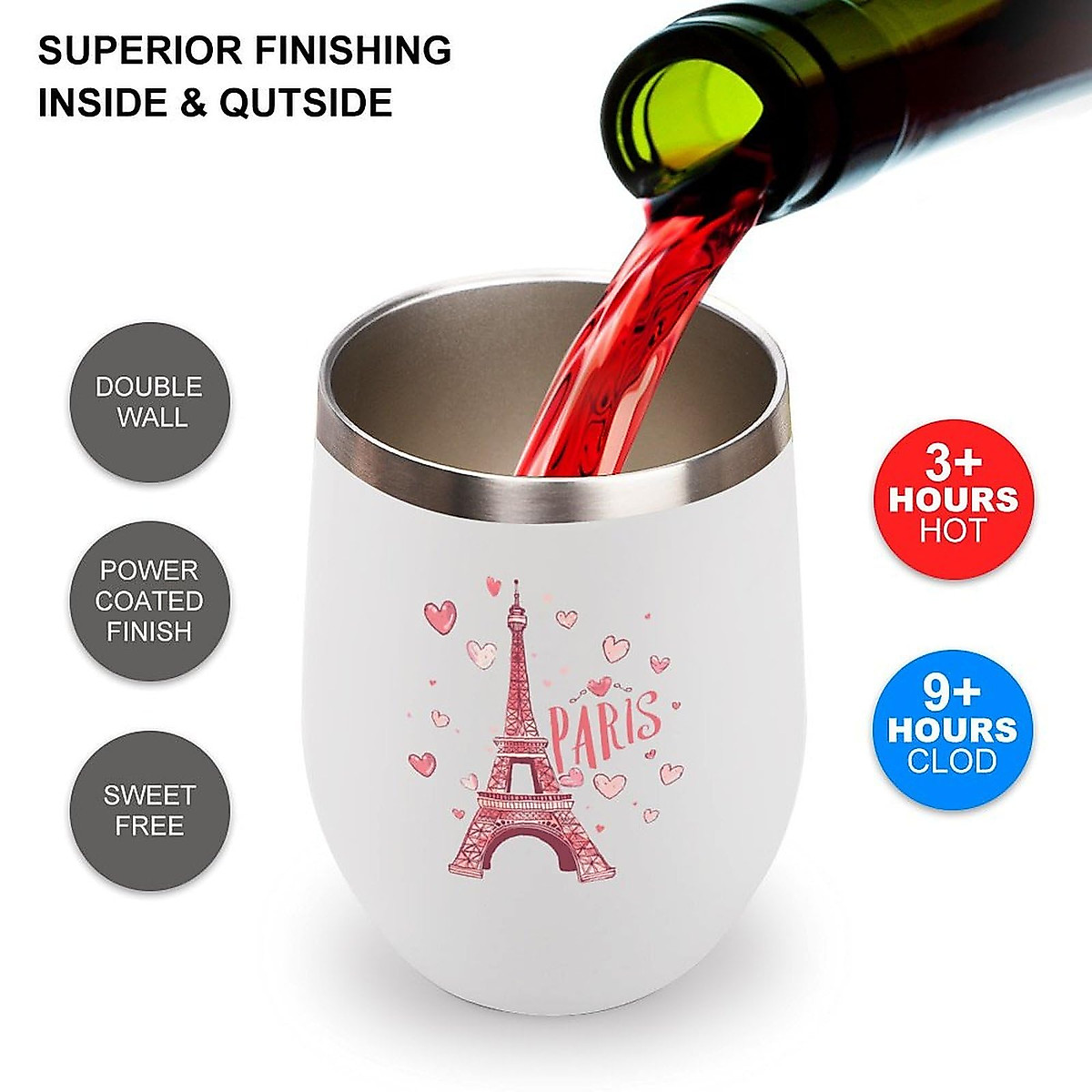 Paris France Eiffel Tower Souvenir Insulated Wine Tumbler with Lid Stainless Steel Travel Mug Coffee Cup for Cold & Hot Drinks