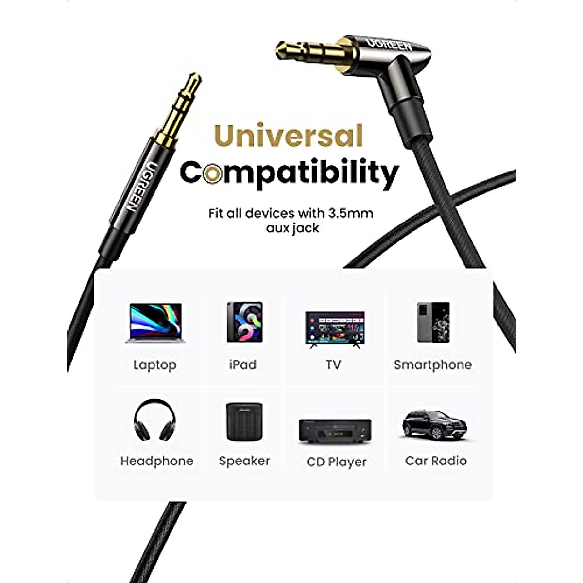 UGREEN 3.5mm Audio Cable Hi-Fi Sound Stereo Nylon Braided Male to Male Aux Cord 90 Degree Aux Cable Gold Plated Compatible with iPod iPad Tablets Headphone Speakers Home Car Stereos, 3FT