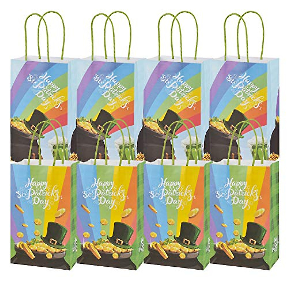 Gatherfun Saint Patrick’s Day Gift Bag Lucky Green Shamrock Rainbow Paper Gift Bag with Handle for Green Irish Party Decorations, 24PCS