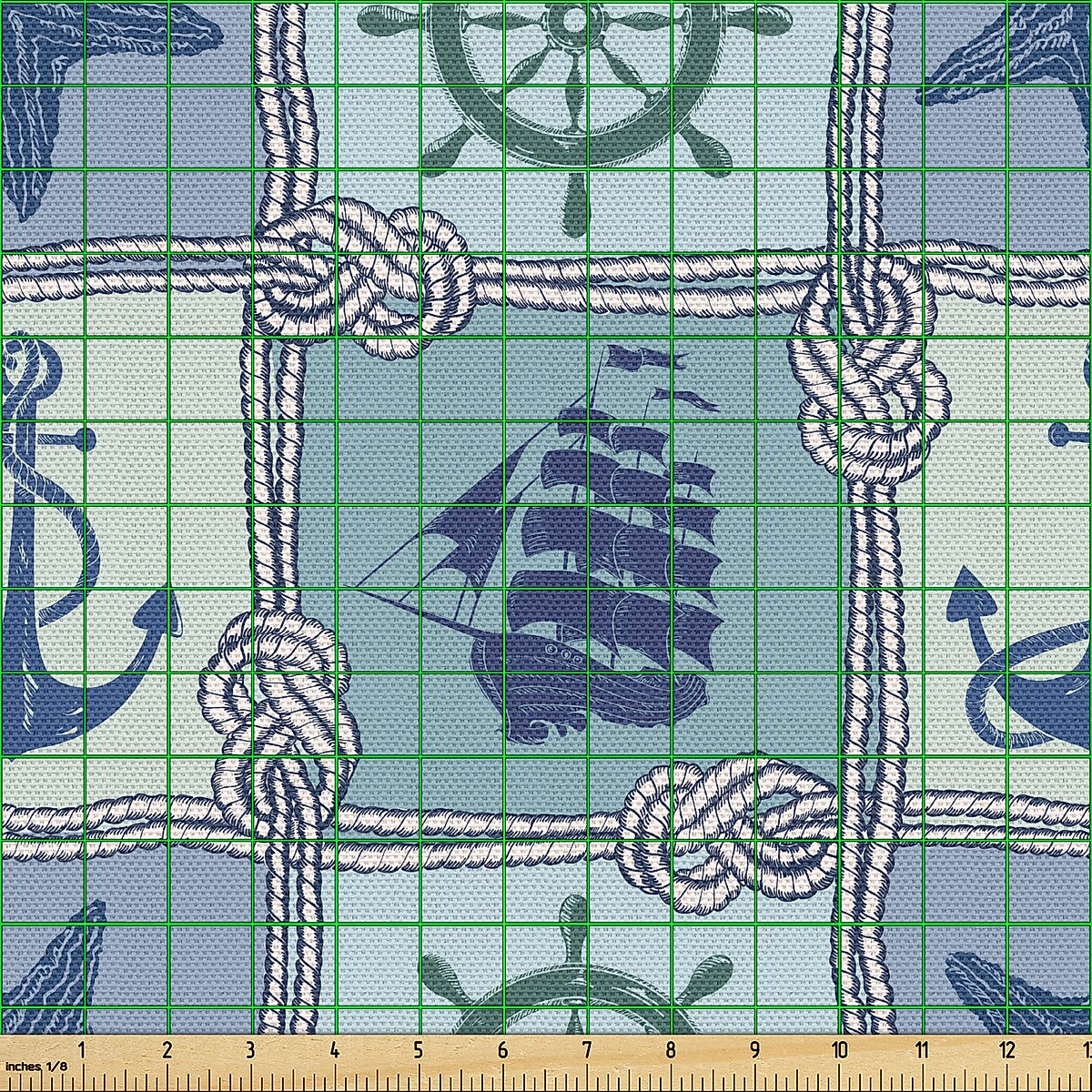 Lunarable Ship Fabric by The Yard, Nautical Themed Art Marine Starfish Wheel Anchor and Vessel Sailor's Knot, Decorative Fabric for Upholstery and Home Accents, 2 Yards, Teal Blue