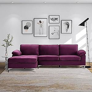 ERYE Soft Velvet Sofa with Left Lounge Chaise, L-Shaped Corner Upholstered Couch W/Pillow-Top Armrest & Silver Metal Legs for Living Room Furniture Sets Sectional, Purple 103.5" W