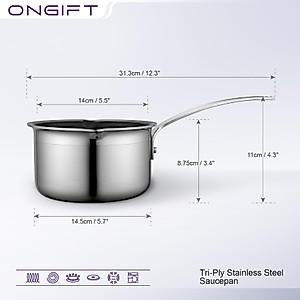 ONGIFT Stainless Steel Sauce Pan with Non Stick Coatings, Small Sauce pan with Pour Spout, 1.4 Quart Cooking Pot for Soups, Stews & Milk, No PTFE, PFOA & PFAS
