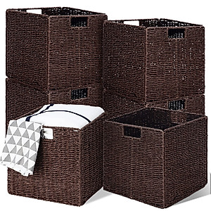 Panelee 6 Pack Wicker Storage Baskets Foldable Wicker Baskets for Storage Hand-woven Willow Rope 11x11x11 Inch Square Cube Storage Bins Organizer for Shelves Organizing Decor Laundry Pantry (Brown)