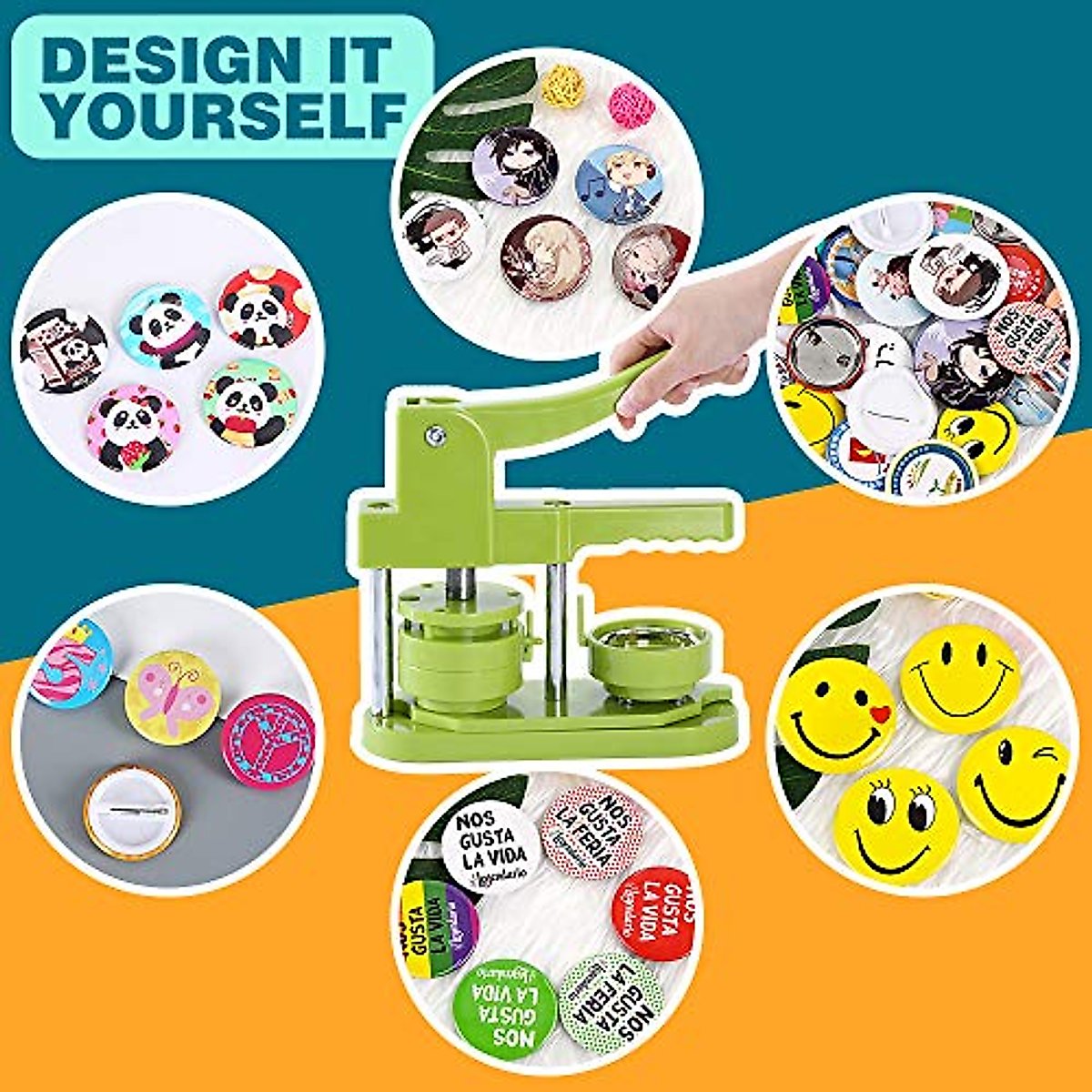 Happizza Button Maker Machine (3rd Gen) Installation-Free, 58mm (2.25in) DIY Pin Badge Button Maker Press Machine Badge Punch Press with Free 100pcs Button Parts&Pictures&Circle Cutter&Magic Book
