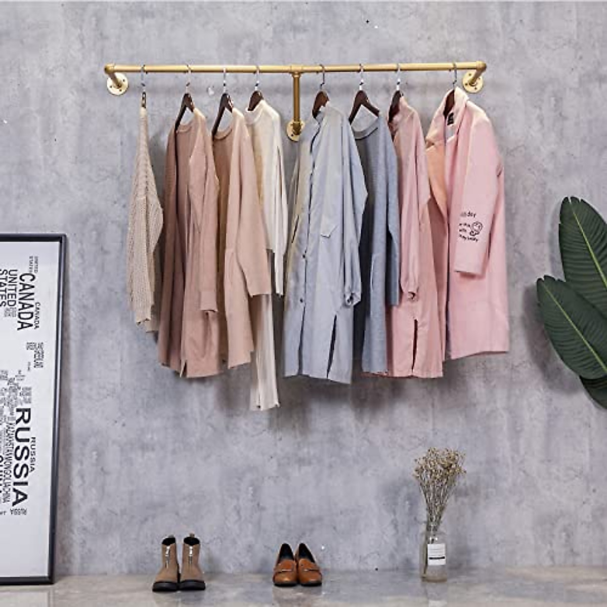 MDEPYCO Industrial Pipe Wall Mounted Towel Clothing Hanging Shelves System,Vintage Laundry Room Storage Rod,Metal Garment Rack for Clothes Retail Display Stand (71" L x 11.8" D, Gold)