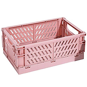 Hefddehy Collapsible Crate Plastic Folding Storage Box Basket Utility Cosmetic Container Pink