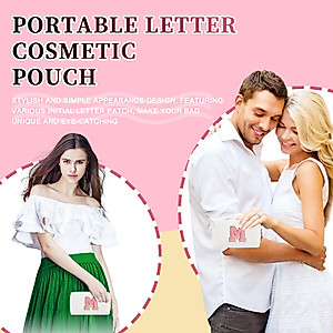 Personalized Initial Letter Patch Makeup Bag, Preppy Portable Chenille Letter Cosmetic Bag with Zipper, PU Leather Waterproof Travel Toiletry Bag Monogram Make Up Pouch for Women Girls(Letter M)