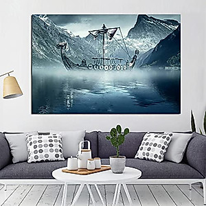 CINORD Landscape Cold North Sea Viking Long Ship Canvas Painting On The Wall Art Posters Bedroom Home Decor Living Room Prints (Framed,60x90cm)