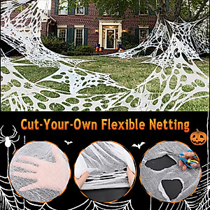 47.5 x 157.5In Spider Webs Halloween Decorations, 400Sqft Giant Stretchy Beef Netting Cut-Your-Own Spider Webbing Bulk with Fake Cobweb Spider, Landscape Stake for Garden Home Outdoor Halloween Décor