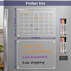 Acrylic Magnetic Dry Erase Board Calendar for Fridge 2 Pcs, 16”x12" Clear Acrylic Dry Erase Board for Refrigerator, Reusable Magnetic Monthly Planner and Whiteboard