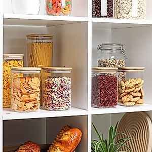 ComSaf Glass Storage Containers with Lids 37fl.oz, Glass Jars with Bamboo Lids, Clear Food Storage Jar, Glass Canister For Pantry Noodles Flour Cereal Rice Sugar Tea Coffee Beans, Square Set of 4