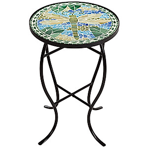 Teal Island Designs Dragonfly Modern Black Metal Round Outdoor Accent Side Table 14" Wide Blue Green Mosaic Tile Inlay Tabletop Gracefully Curved Legs for Spaces Porch Patio Home House Balcony Deck