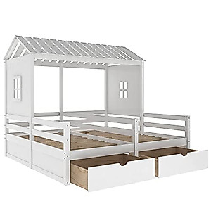 BOVZA Double Twin Size House Bed with Storage Drawers, Side by Side Twin Size Beds, Two Twin Platform Beds for Kids Girls Boys Teens, White