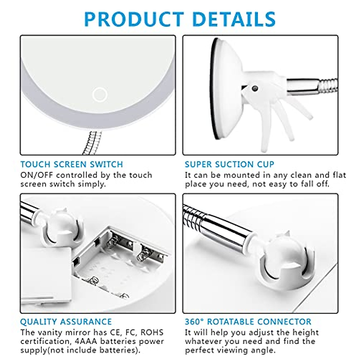 10X Magnifying Mirror with Light Makeup Mirror with Lights LED Lighted Makeup Mirror Vanity Mirror with Lights Flexible Gooseneck Mirror with Lights with Powerful Suction Cup