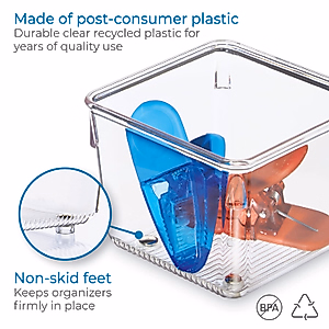 iDesign Linus Plastic Kitchen Drawer Organizer for Silverware, Spatulas, Cutlery, Gadgets, Office Supplies, Cosmetics, 4" x 4" x 3", Set of 2, Clear