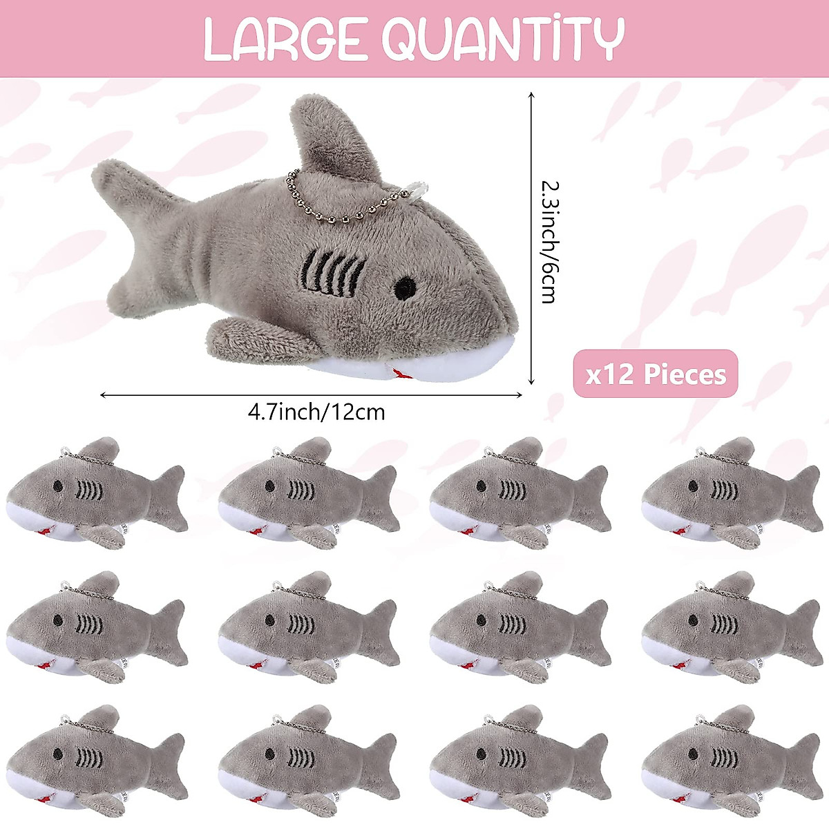 Chalyna 12 Pcs Shark Party Favors Mini Shark Stuffed Animal Shark Plush Toys Shark Keychain Tiny Ocean Animal Toys, 4.7 Inch(No Light,Gray)