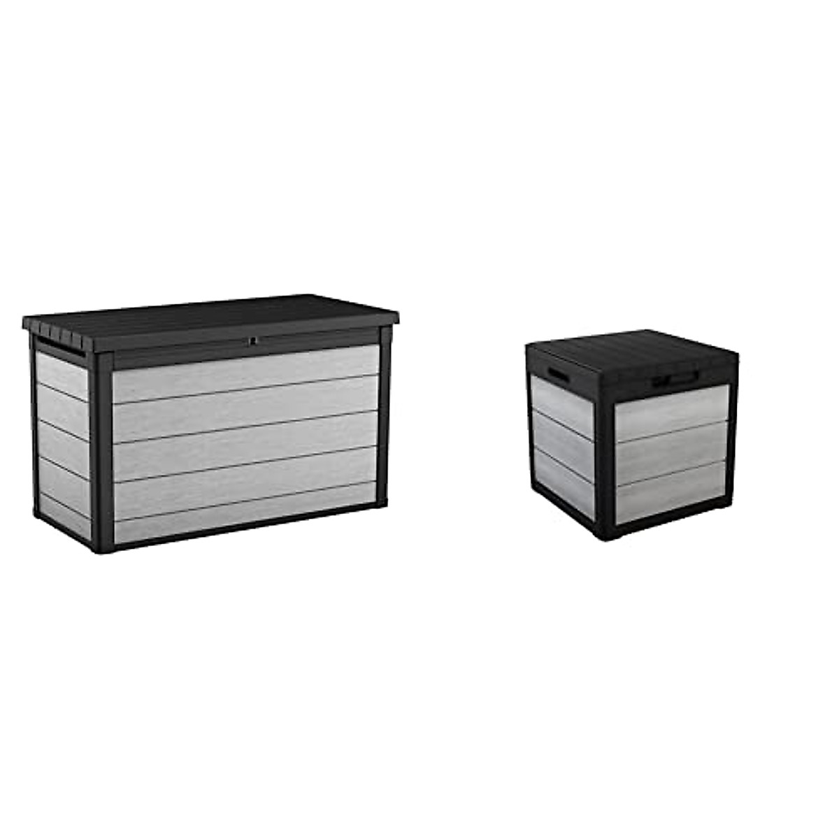 KETER Denali 200 Gallon Resin Large Deck Box, Grey/Black & Denali 30 Gallon Resin Deck Box for Patio Furniture, Pool Accessories, and Storage for Outdoor Toys, Grey/Black