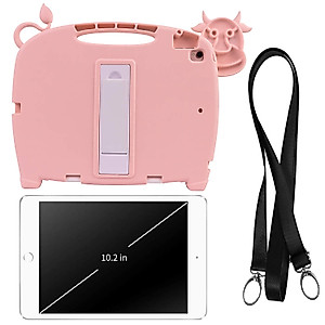 Kids Case for New iPad 9th/8th/7th Generation, iPad 10.2 2021 2020 2019 Case, CHIN FAI Cute Cow Slim Lightweight Shockproof Silicone Handle Stand Protective Cover for iPad 10.2/10.5 Inch (Pink)