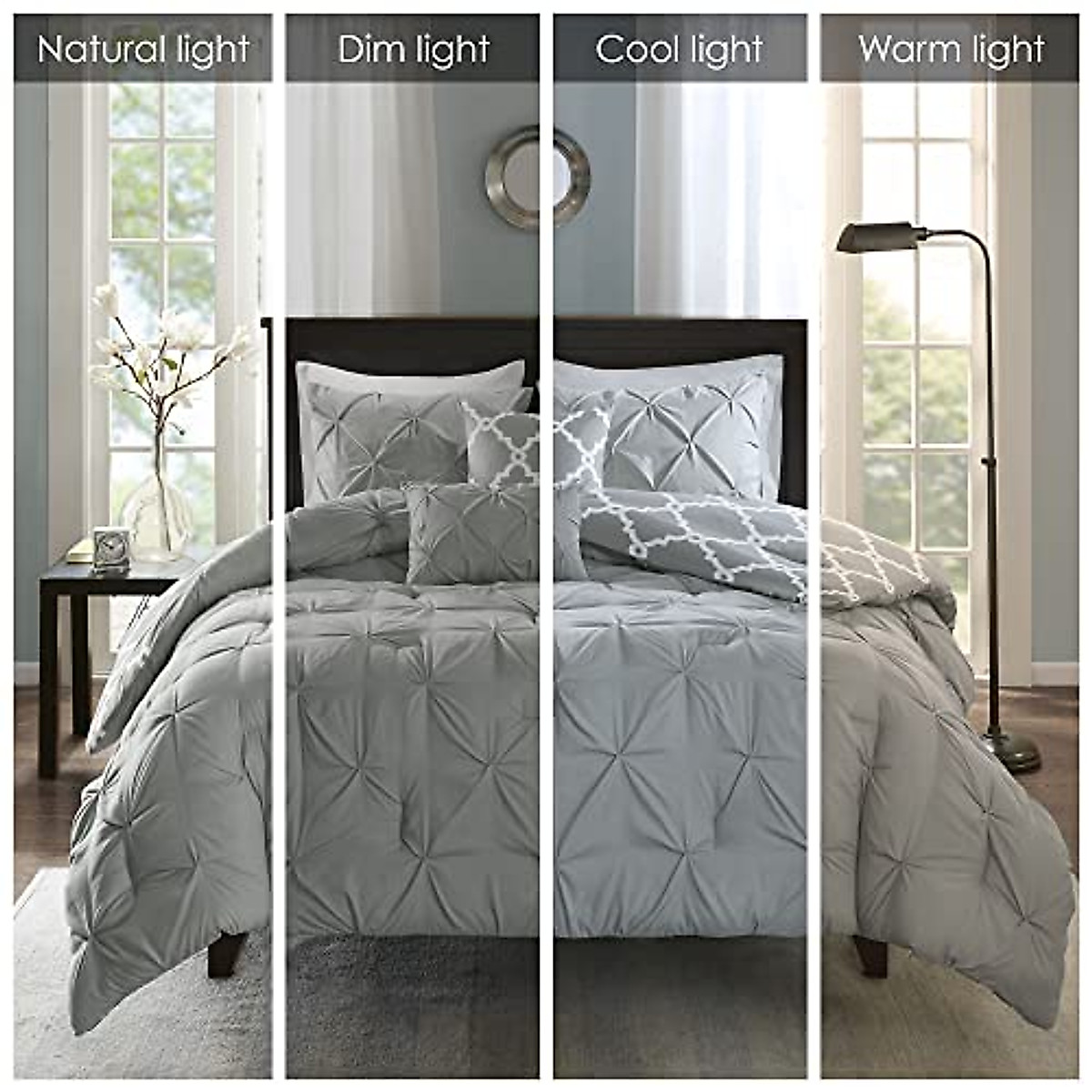 Madison Park Essentials Kasey Cozy Comforter Set - Fretwork Design, All Season Bedding with Matching Shams, Decorative Pillow, Queen (90in x 90 in), Diamond Grey Comforter 5 Piece