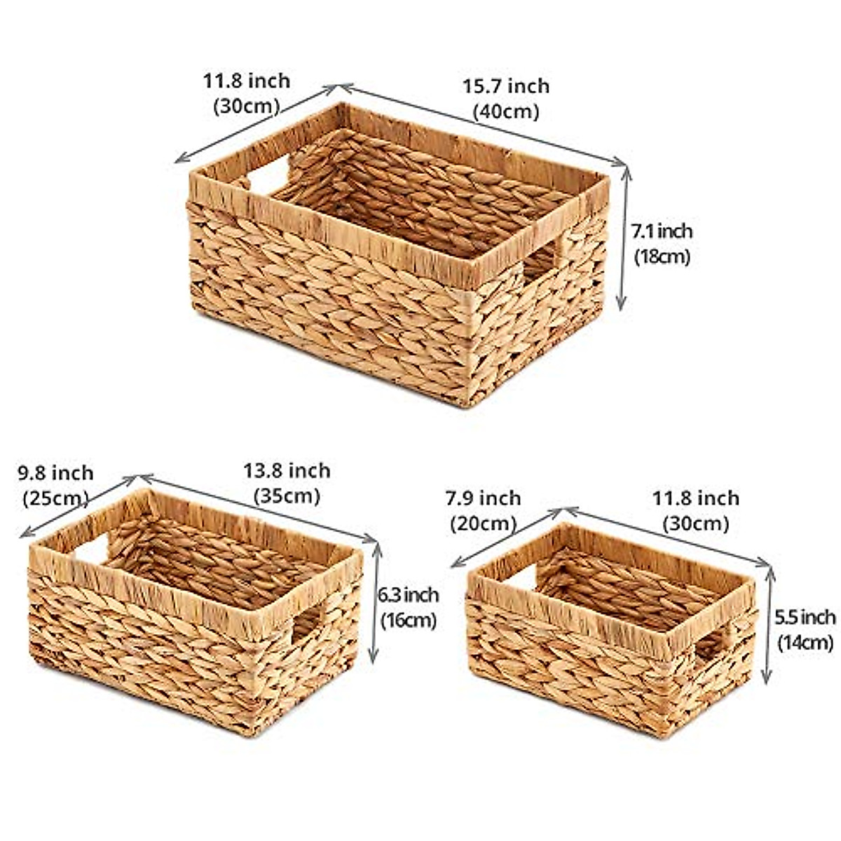 EZOWare Set of 3 Natural Water Hyacinth Wicker Baskets, Environmental Friendly Natural Storage Organizer Nesting Boxes with Handle - Mixed Size (1 Large, 1 Medium, 1 Small)