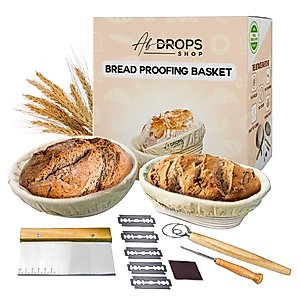Premium Bread Banneton Proofing Basket Set of 2, 10 inch Round & Oval Cane Bread Proofing Baskets with 4 set cloth Sourdough Baskets Tools & Liners for Artisan Bread Making, Baking Supplies Kit