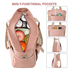 Mcvotcot Lunch Bag for Women, Insulated Lunch Cooler Bag Lunch Box Work, Adult Meal Prep Tote Bag, Super Large Lunch Purse with Side Pockets Detachable Shoulder Strap for Picnic, Boating (Pink)