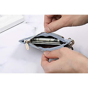 Small Wallets for Women Slim Leather Card Case Holder Wallet Coin Change Purse with Keychain (Blue)