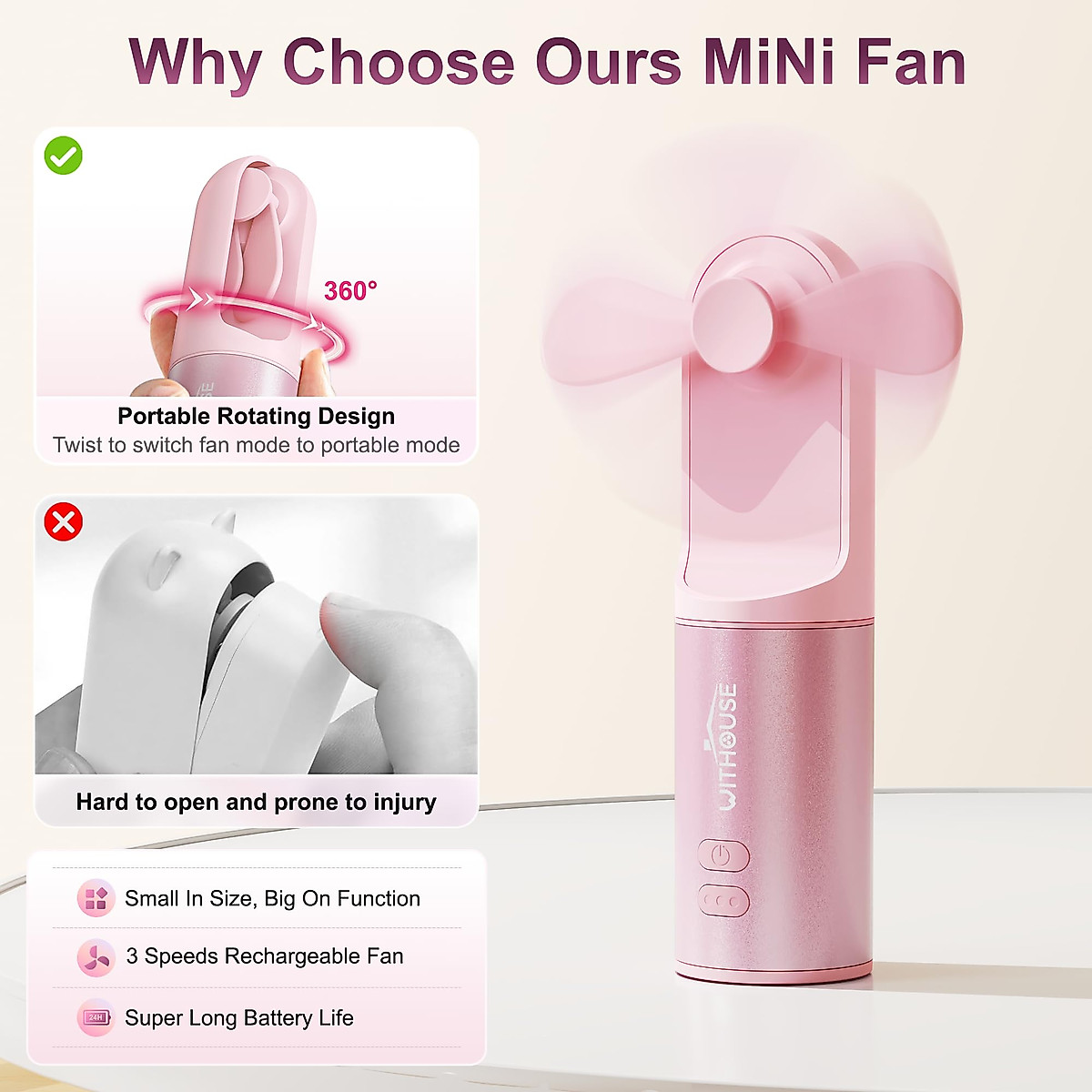 Portable Handheld Mini Fan, 4 in 1 Rechargeable Usb Fan, Small Hand Fan,Personal Desk Fan with Power Bank, Hand Warmer,Flashlight for Travel Camping
