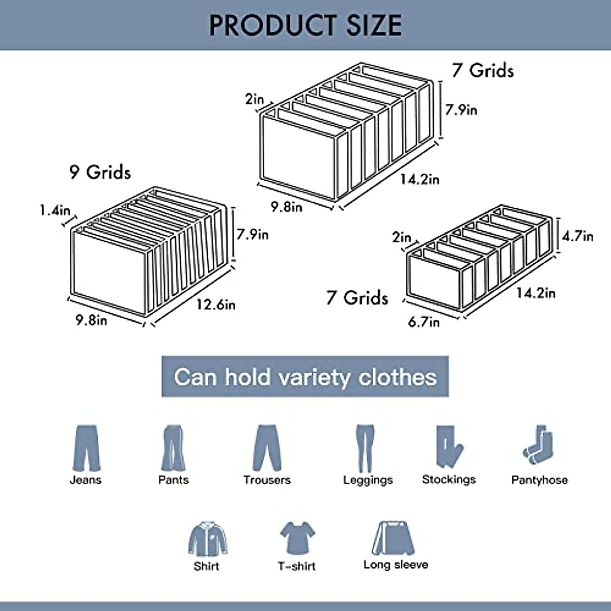 ARPEOTCY 3Pcs Wardrobe Clothes Organizer, Washable Clothes Organizer for Folded Clothes, Nylon Mesh Drawer Dividers for Clothes, T-shirt, Skirts, Jeans(9/7/7 Grid,Gray)