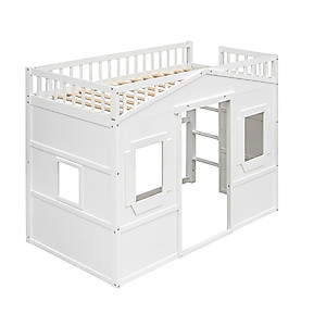 Twin House Loft Bed Frame for Kids, Wood Twin Loft Bed with Windows and Guardrail, Playhouse Bed, Twin Size Loft Bed for Boys & Girls, No Box Spring Needed, Underbed Height is 51 Inches, White