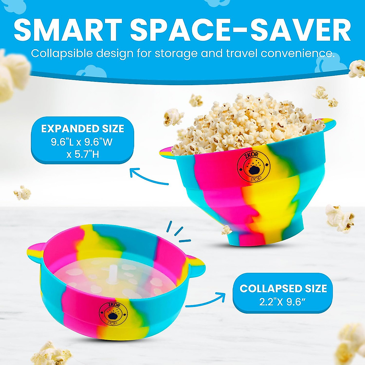 Microwavable Silicone Popcorn Popper- Collapsible Bowl-Microwave Popcorn Maker- Reusable - Air Popped Popcorn No Oil- BPA Free- 100% Food grade Silicone- Dishwasher Safe- ZKOR Rainbow