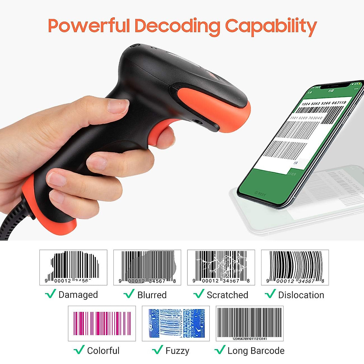 Tera 1D CCD Wired Barcode Scanner: Ultra High 2500 Pixel Precise Resolution USB Bar Code Reader Linear Bar Code Scanner Super Fast Scanning Speed Plug and Play, Model 1861