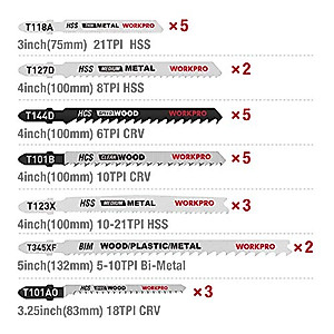 WORKPRO 25-Piece T-Shank Jig Saw Blade Set with Storage Case, Made with HCS/HSS/BIM, Assorted Blades for Wood, Plastic and Metal Cutting