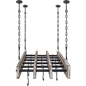 MyGift Ceiling-Mounted Pot and Pan Holder, Torched Wood and Metal Piping Hanging Storage Rack with 8 Hooks