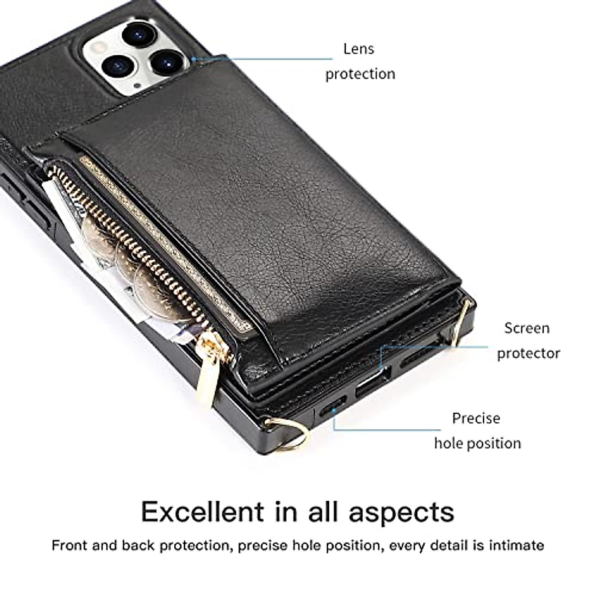 XINTIN iPhone 13 Pro Max Crossbody Case with Card Holder, Shockproof Protective iPhone case with Magnetic Flip Folio Wallet, PU Leather Zipper Coin Purse with Adjustable Lanyard Strap (Black)