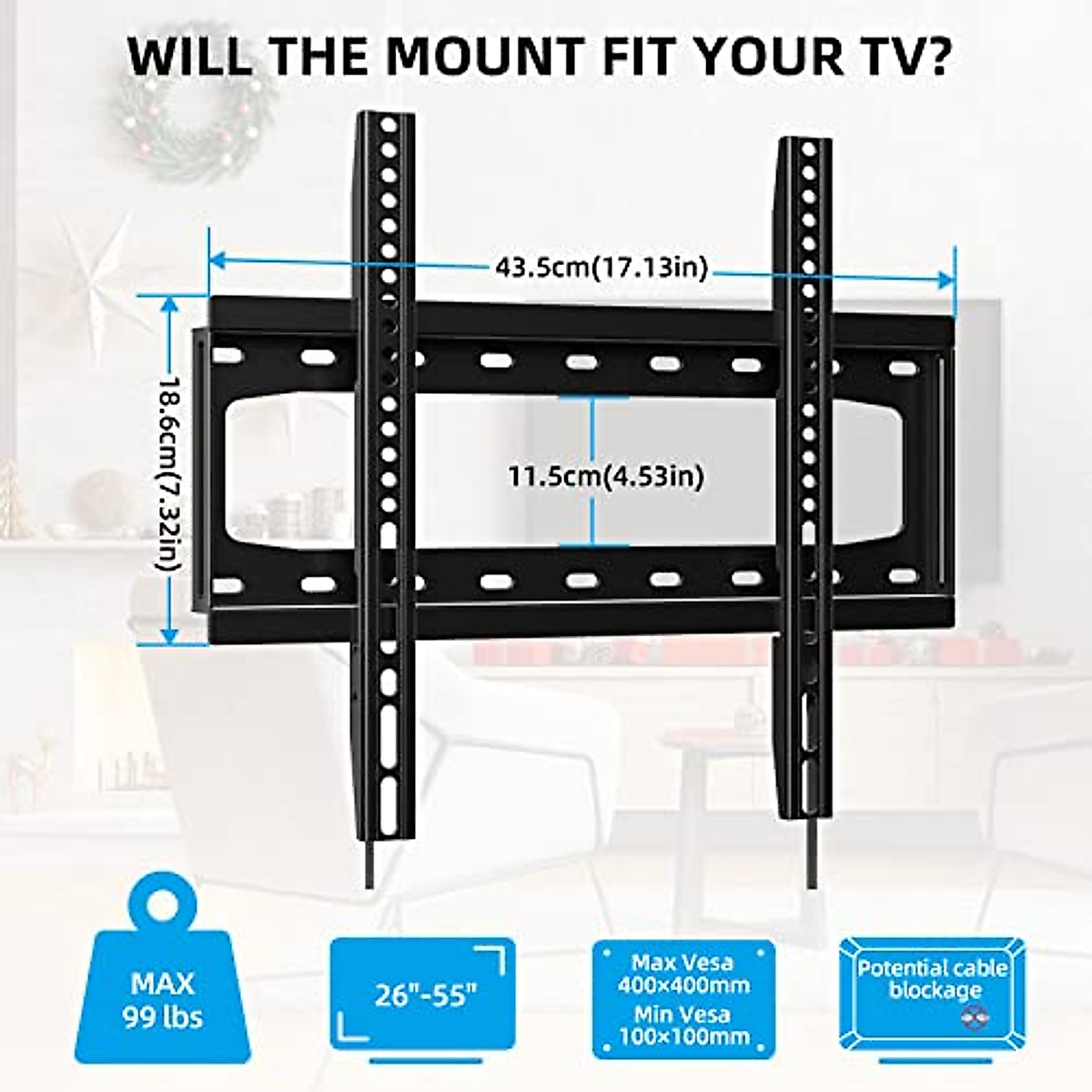 HOME VISION TV Wall Mount Fixed, Low Profile TV Mount, Wall Mount TV Bracket for Most 26-55 inch TVs with Max VESA 400X400mm up to 99lbs Fits 16'' Wood Studs, Quick Release Lock