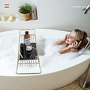 BAWOUA Bathtub Caddy Tray for Luxury Baths, Over Bathtub Racks with Marble(Black), Strong Expandable Chrome Polished Stainless Steel Brackets for Bath (Gold)